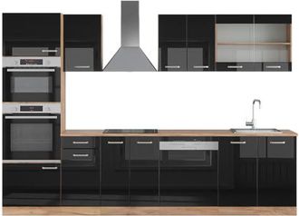 Vicco Cuisine R-Line, Noir Haute Brillance/Chêne de Force doré, 300 cm avec Armoire Haute, sans Plan de Travail