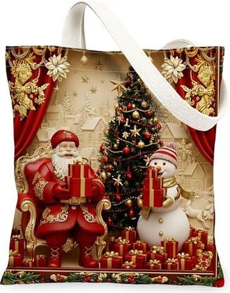 Generic Sacs fourre-tout en toile de Noël, motif Père Noël, bonhomme de neige, sacs dépicerie réutilisables, vintage, légers et lavables avec bandoulière, Rou