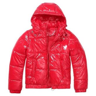 Generic Doudoune courte pour femme - Chaude - Matelass&eacute;e - Brillante - Avec capuche et fermeture &eacute;clair - Coupe ajust&eacute;e - Rembourr&eacute;e, Rouge, 3XL