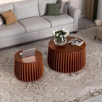 Generic Rundes Beistelltisch-Set Im 2Er-Pack Mit Stauraum, Gerillte Holz-Couchtische Und Beistelltische Im Mid-Century-Modern-Stil, Runde Trommel-Beistelltisc