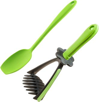 Kochblume Kartoffelstampfer & Soßenlöffel L 2er Set | Premium-Silikon | Hitzbeständig | Spülmaschinenfest | Farbe: limette