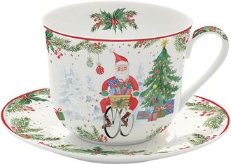 Easy Life Tasse petit déjeuner avec soucoupe 400 ml en porcelaine dans boîte colorée JOYFUL SANTA