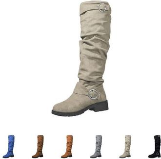 Generic Bottes de cowboy pour femme en daim - Bottes hautes pour femme - Bottes western à plateforme avec boucle - Bottes longues à enfiler - Bottes déquitati