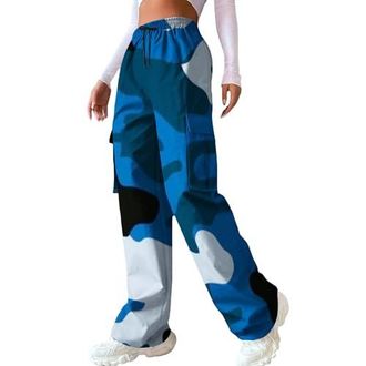 Generic Pantalon cargo pour femme - Pantalon cargo d&eacute;contract&eacute; pour femme avec imprim&eacute; camouflage, cordon de serrage &eacute;lastique et taille &eacute;lastique - Pantalon 