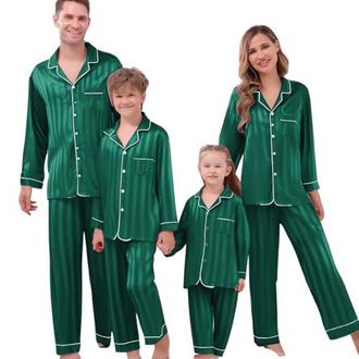 Generic Ensemble de pyjama de Noël familial à manches longues boutonné en satin de soie avec col à revers uni - Coupe ample et confortable - Pyjama assorti te