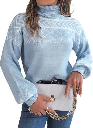 Generic Pull &agrave; col roul&eacute; pour femme - Style ethnique - Pull &agrave; manches lanternes pour lautomne et lhiver - V&ecirc;tements d&eacute;contract&eacute;s pour voyage, quotidien, vacan