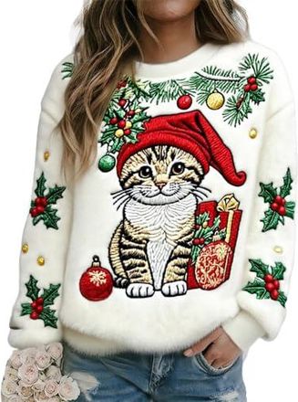 Generic Sweat-shirt de No&euml;l en flanelle avec imprim&eacute; chat pour femme, style d&eacute;contract&eacute;, &eacute;l&eacute;gant, doux et chaud, pull de No&euml;l fantaisie &agrave; col rond, haut de va