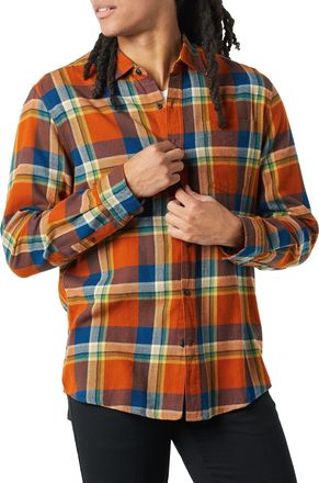 Amazon Essentials Herren Langarmhemd aus Flanell (in Übergröße erhältlich), Blau Rostfarben Orange Karomuster, XXL