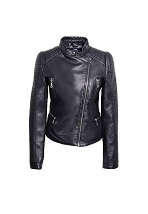 Queen Helena Veste Biker en Similicuir Moto Veste Courte &Eacute;l&eacute;gante pour Femme Y2007, Noir, XL