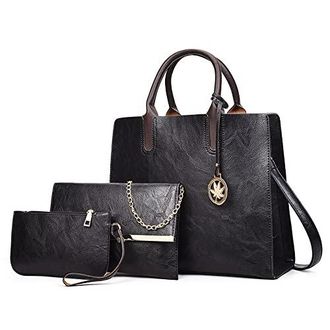 Generic Grand sac &agrave; main en cuir pour femme - Sac &agrave; bandouli&egrave;re - Poign&eacute;e sur le dessus - Avec pochette - Lot de 3, Noir, Large