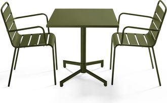 Oviala Palavas Gartenm&ouml;bel-Set, 70 cm und 2 Gartensessel, Metall, Khakigr&uuml;n