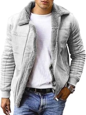 Generic Blouson aviateur en laine dagneau pour homme avec col en fourrure &eacute;paisse et chaude en similicuir Sherpa doubl&eacute; en polaire, Gris, M