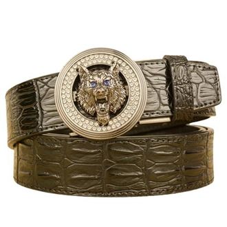 Generic Ceinture &Agrave; Cliquet For Homme Avec Boucle Ronde Automatique En Strass T&ecirc;te De Loup, Motif Crocodile, Largeur 1 3/8 - Ajustable (130 Cm/51, Noire)(Black