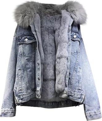 Generic Manteaux dhiver pour femmes, veste en jean épaisse, parka décontractée avec col en fausse fourrure, veste dextérieur en jean à capuche doublée de pola