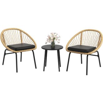 OUTSUNNY 3-tlg. Rattan Gartenm&ouml;bel-Set, Balkonm&ouml;bel-Set mit Couchtisch, 2 St&uuml;hlen, Sitzgarnitur mit Kissen, Gartensitzgruppe f&uuml;r Balkon, Terrasse, Polyester