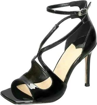 Generic YUJIEBB Sandales d&eacute;t&eacute; &agrave; talons hauts sexy &agrave; bout ouvert avec boucle carr&eacute;e pour femme, Noir 9 cm., 35.5 EU