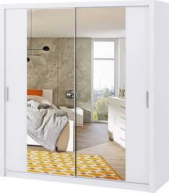 Selsey Rinker - Schwebet&uuml;renschrank/Kleiderschrank 2-t&uuml;rig mit 2 Kleiderstangen, 200 cm (Wei&szlig; Matt mit Spiegel)