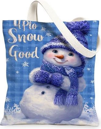 Generic Sacs fourre-tout en toile motif bonhomme de neige, adorables sacs d&eacute;picerie r&eacute;utilisables, l&eacute;gers et lavables pour voyage, plage, bleu, 13x15 Inch