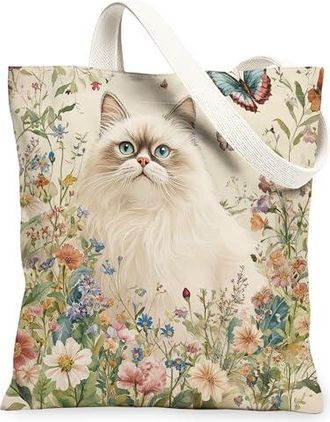 Generic Sac fourre-tout en toile motif chats persans printaniers pour le shopping, 33 x 38 cm, sac d&eacute;picerie r&eacute;utilisable pour femme, chaton animal domestique