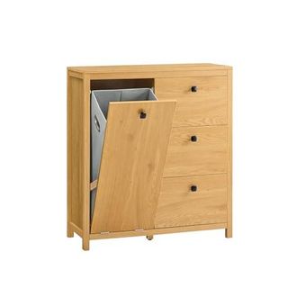 SoBuy Armoire à Linge avec Sac à Linge, Meuble Bas de Salle de Bain, Commode pour Salle de Bain, Armoire Toilette avec 3 Tiroirs et 1 Panier à Linge, Nature