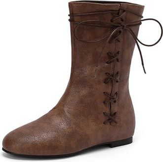 Generic Eestfy Bottes Mi-Mollet de Mode &agrave; Talon Plat Femme Lacets Bout Rond Bottes de Combat Urbain Bottes Militaires Style Rue Chaussures D&eacute;contract&eacute;es Tenda