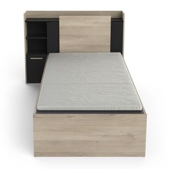 Demeyere Lit 90x190/200 Avec Rangement 1 Porte 3 Niches 1 tiroir - Noir Mat und Ch&ecirc;ne Clair -124,5 x 226,9 x 90,5 cm