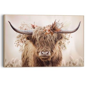 Reinders Wandbild, Highlander in Blumen, Wohnzimmer, Bilder, Wanddeko, Room Decor, MDF, Beige, 90 x 60cm