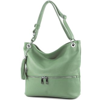 modamoda.de T143 - ital. Leder Schultertasche Umh&auml;ngetasche, Farbe:Graugr&uuml;n