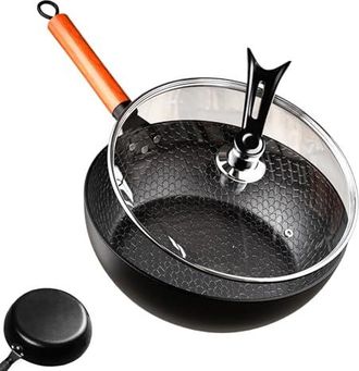 Generico Wok &agrave; induction avec couvercle, po&ecirc;le en fonte avec couvercle, faite &agrave; la main, martel&eacute;e pour cuisine, cuisine, cuisine, cuisine, cuisine, cuisine, cu