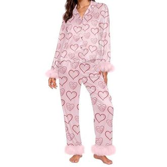 Generic Ensemble de pyjama en satin pour femme - V&ecirc;tement de nuit imprim&eacute; coeur - Haut et pantalon boutonn&eacute;s - Tenue 2 pi&egrave;ces - Pyjama en soie doux et confort