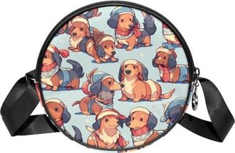 Generic Petit sac &agrave; bandouli&egrave;re circulaire pour femme, motif teckel avec fermeture &eacute;clair, bretelles r&eacute;glables, sac &agrave; main rond d&eacute;contract&eacute; pour femmes et fil