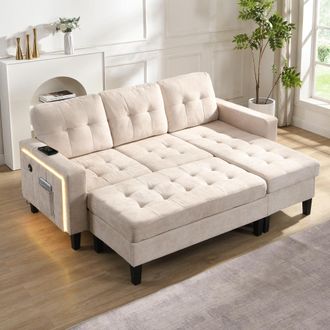 Merax modularer L-Form Sofa-Set, mit extra gro&szlig;er beweglicher Fu&szlig;bank, LED-Ambiente-Beleuchtung und USB, 3-Sitzer-L-Form-Sofa mit Ottomane, Chenille-Bezug, 