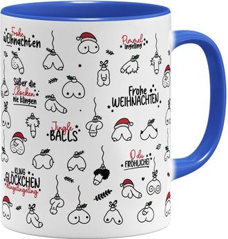 OM3 Lustige Jingle Balls Weihnachts Kaffee-Tasse mit Penisse - Pimmel Tasse Penis-Muster Doodle - Keramik Becher - 325ml - Beidseitig Bedruckt - Blau