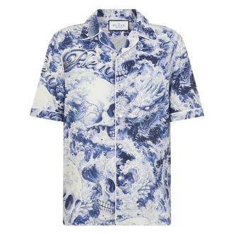 Philipp Plein Linen Bowling Shirt All-Over Ceramic - - Shirts - Herren - Blau - M