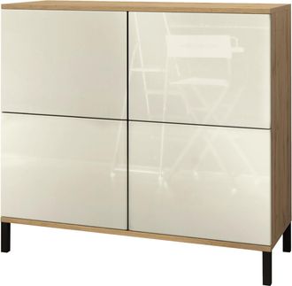 Vladon Kommode Rova V3, Moderner Küchenschrank mit 4 Push-to-Open Türen Eiche Evoke/Creme Hochglanz (92,5 x 83.5 x 35)