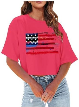 Generic Haut court patriotique mignon pour femme 2025 d&eacute;contract&eacute; entra&icirc;nement &eacute;t&eacute; t-shirts courts tendance &agrave; manches courtes demi-chemises coupe ample pour s