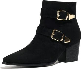 Generic Bottines confortables à bout pointu avec boucles et talon épais et fermeture éclair latérale pour femme, Noir, 38.5 EU