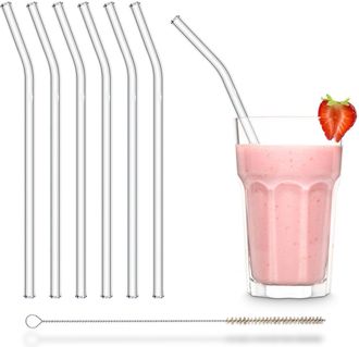Halm HALM Glasstrohhalme gebogen 6 Stück 23 cm mit Knick + plastikfreie Reinigungsbürste Spülmaschinenfest Wiederverwendbarere geknickte Strohhalme Nachhal