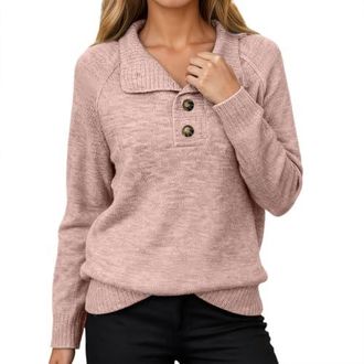 Generic Pull &agrave; col montant boutonn&eacute; en tricot torsad&eacute; pour femme, pull d&eacute;contract&eacute; &agrave; manches longues en tricot de couleur unie, tendance, rose, XL