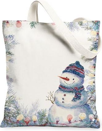 Generic Sac fourre-tout en toile motif bonhomme de neige sur le th&egrave;me des vacances, sacs de courses l&eacute;gers et r&eacute;utilisables, style vintage, rustique, lavable,