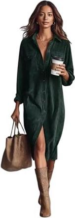 Generic Robe chemise dautomne boutonn&eacute;e en velours c&ocirc;tel&eacute; pour femme, tunique pliss&eacute;e, style d&eacute;contract&eacute;, col en V, coupe droite, Vert, XXL