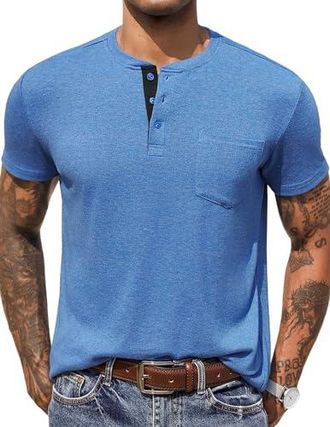 Coofandy Henley T-shirt pour homme - Couleur unie - T-shirt dété pour homme avec poche - Cool - Manches courtes avec bouton - Décontracté - Bleu - XXXL
