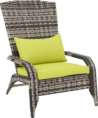 OUTSUNNY Rattan Gartenstuhl, Adirondack Outdoor-Sessel mit Armlehnen und gepolsterten Kissen, Grau, 65x80x90cm