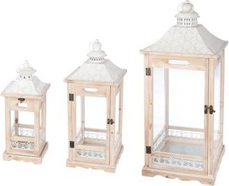 Gilde 3er Set Laternen Clifton aus Holz - naturfarben - dekorative Beleuchtung f&uuml;r Innenr&auml;ume - 3 Gr&ouml;&szlig;en - Kerzenleuchter