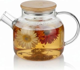 Arendo Glas Teekanne mit Siebeinsatz - Bambusdeckel - Fassungsverm&ouml;gen 1,4 Liter - hitzebest&auml;ndig - mit Siebeinsatz f&uuml;r Bl&uuml;tentee - einfache Reinigung - f&uuml;r 