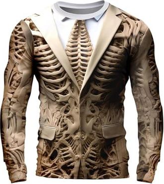 Generic Costume dHalloween pour homme - Chemise squelette t&ecirc;te de mort - Cage c&ocirc;tel&eacute;e - Impression 3D - T-shirt &agrave; col rond et manches longues - Hauts de f&ecirc;te 