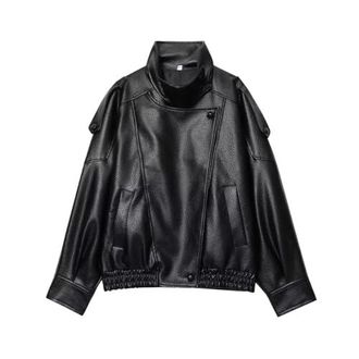 Generic Veste ample en cuir synth&eacute;tique pour femme, col montant et fermeture &eacute;clair, manches longues, automne et hiver, Noir, XS