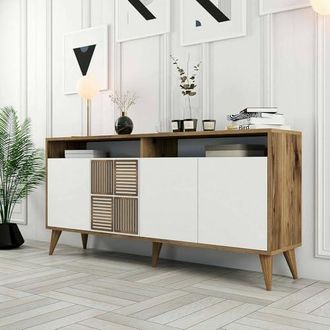 Dmora Konsolentisch Scorpio, Wohnzimmer-Sideboard, niedriger TV-Schrank, ausgestatteter Wandsockel, 160 x 35 h79 cm, Walnuss und Wei&szlig;