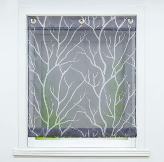 Joyswahl Voile &Ouml;senrollo Transparente Raffrollo ohne Bohren mit &Auml;ste-Motiv &raquo;Tatjane&laquo; Schals K&uuml;che Fenster Vorh&auml;nge BxH 100x140cm grau-wei&szlig; mit &Ouml;sen 1er Pack