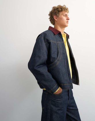 Topman veste en jean matelass&eacute;e coupe oversize avec col en velours c&ocirc;tel&eacute; brut-Bleu